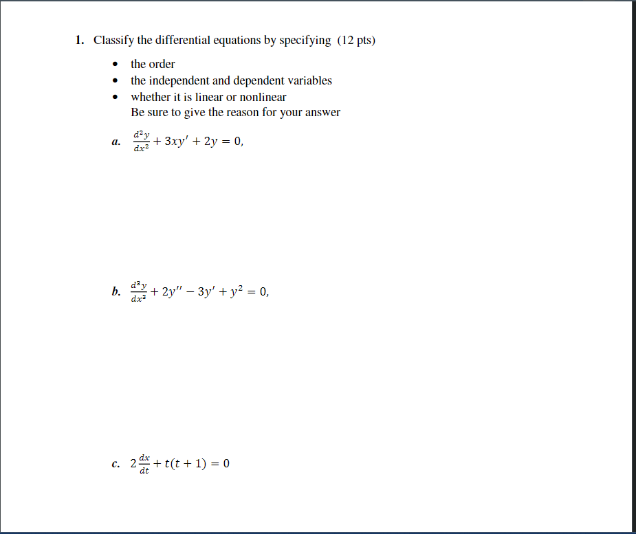 Solved 1. Classify the differential equations by specifying | Chegg.com