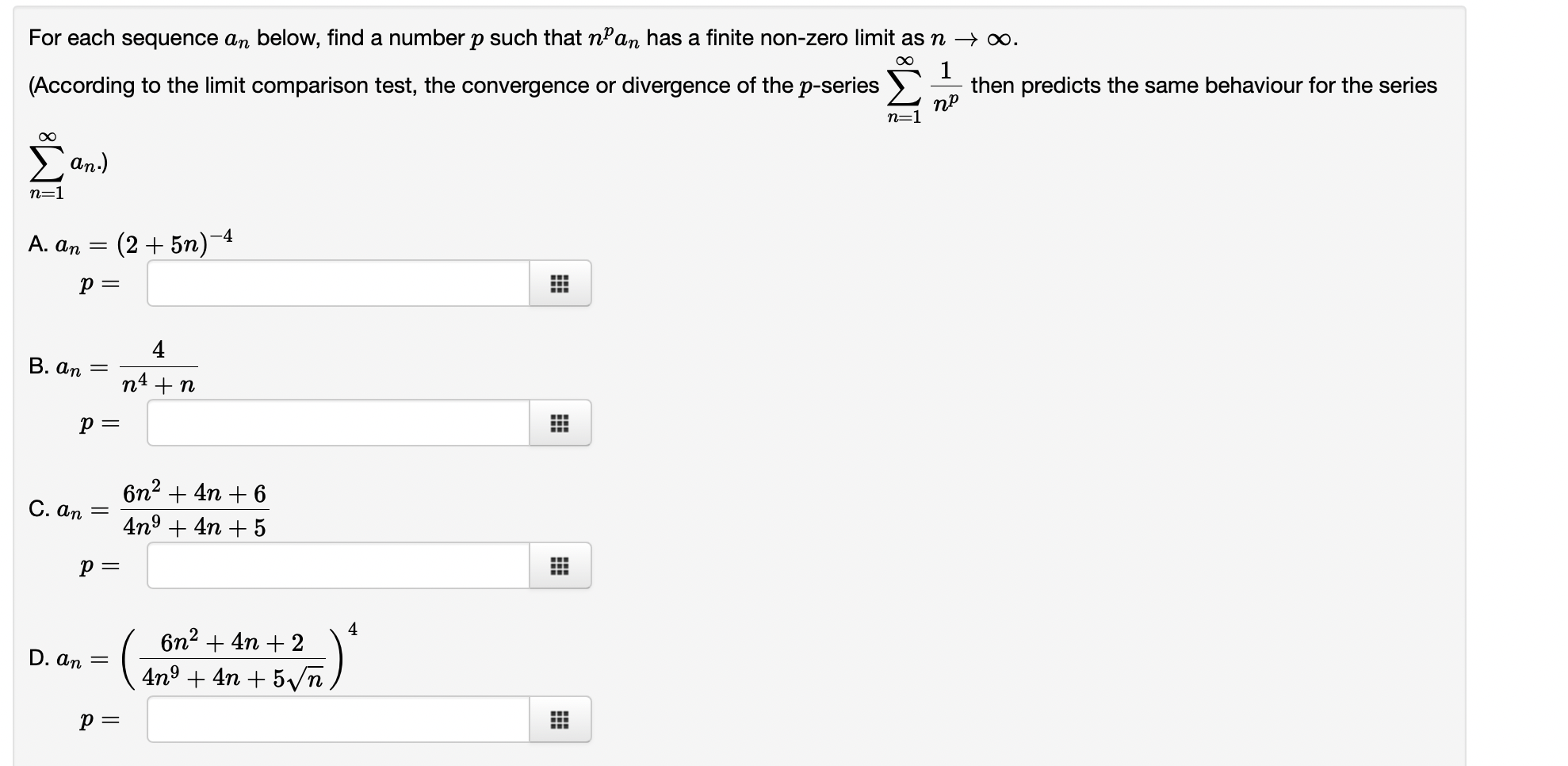 Solved For each sequence an below, find a number p such that | Chegg.com