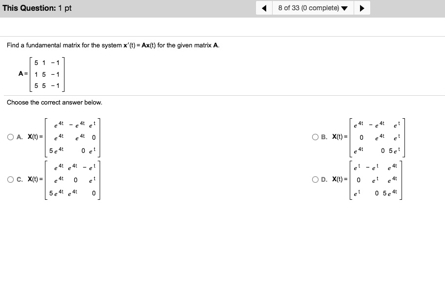 Solved Find a fundamental matrix for the system x′(t)=Ax(t) | Chegg.com