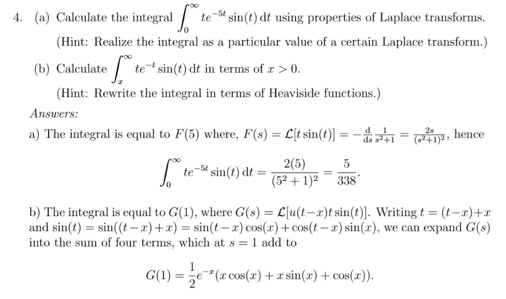 4. (a) Calculate the integral te-5 sin(t) dt using | Chegg.com