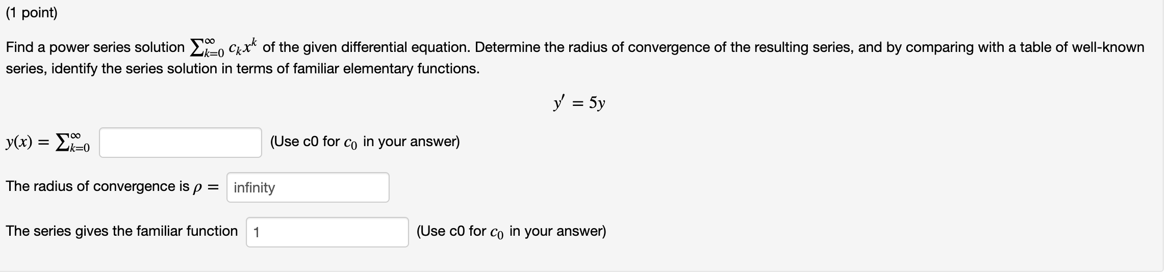 Solved (1 point) 10 Find a power series solution - Ckxk of | Chegg.com