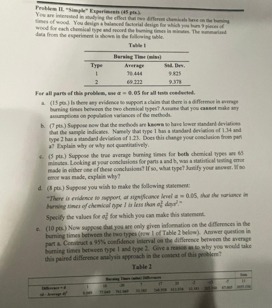 Problem II. “Simple" Experiments (45 pts.). You are | Chegg.com