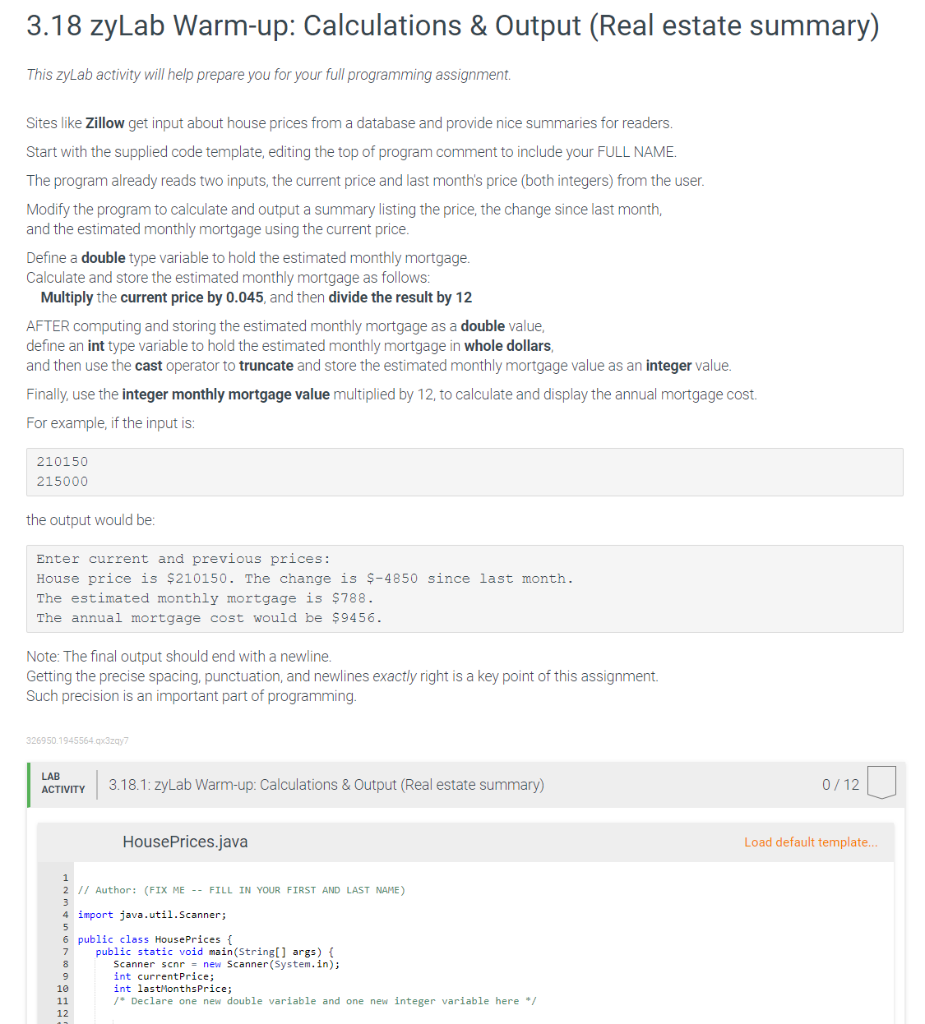 Solved 3.18 zyLab Warm-up: Calculations & Output (Real | Chegg.com