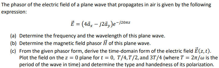 Solved The phasor of the electric field of a plane wave that | Chegg.com
