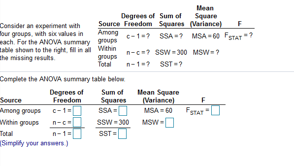 Solved Mean Degrees of Sum of Square Consider an experiment | Chegg.com