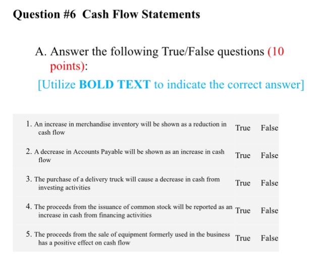 Solved Question #6 Cash Flow Statements A. Answer the | Chegg.com
