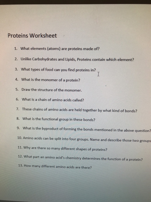 Solved Proteins Worksheet 1. What elements (atoms) are | Chegg.com