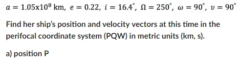 Solved a-1.05x108 km, e-0.22, 1 16.4°, Ω-250°, ω-90, U-90. | Chegg.com