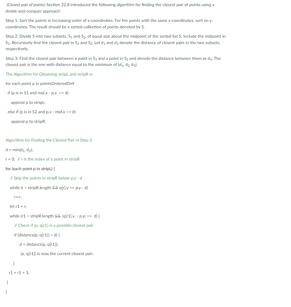 Solved (Closest pair of points) Section 22.8 introduced the | Chegg.com