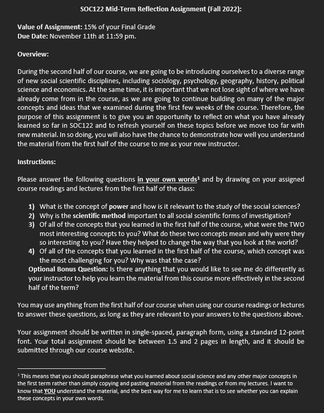 SOC122 Mid-Term Reflection Assignment (Fall 2022): | Chegg.com