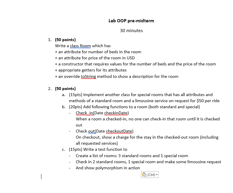 Solved Lab OOP pre-midterm 30 minutes 1. (50 points) Write a | Chegg.com