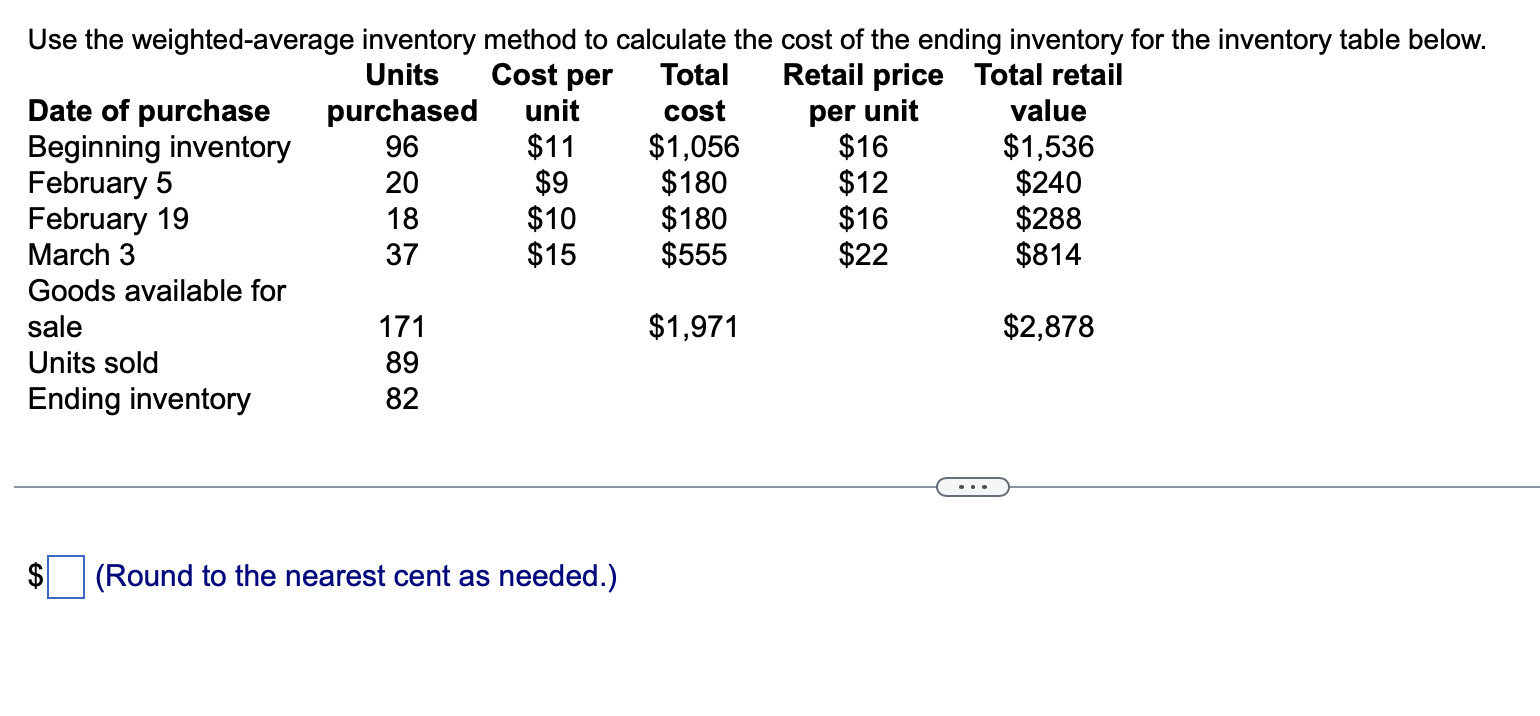 Solved $ (Round to the nearest cent as needed.) | Chegg.com