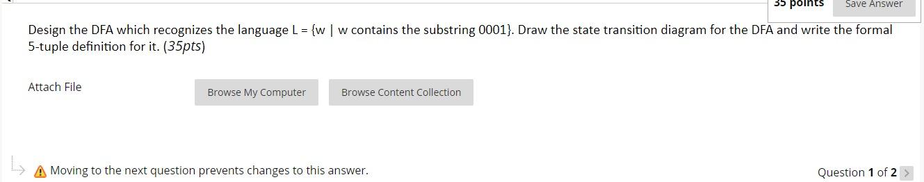 Solved 35 points Save Answer Design the DFA which recognizes | Chegg.com