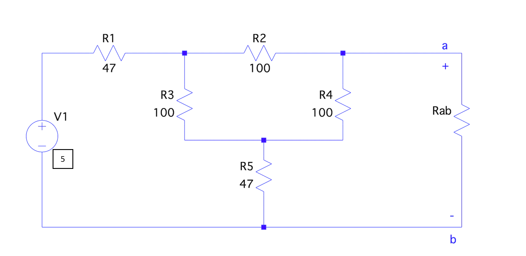Solved R1 a R2 w 100 47 + R3 R4 100 V1 100 Rab + 5 R5 47 - b | Chegg.com