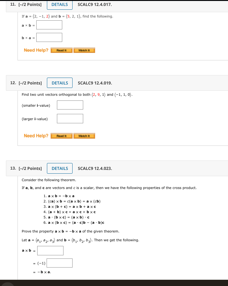 Solved 11. (-12 points) DETAILS SCALC9 12.4.017. If a = (2, | Chegg.com