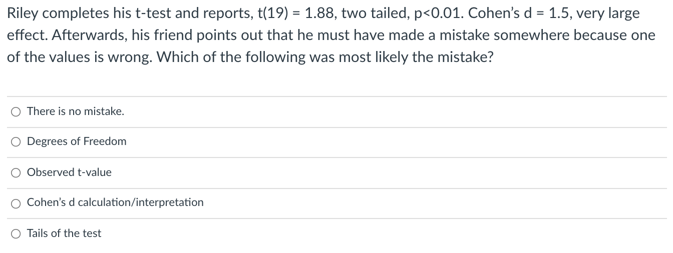 Solved Riley completes his t-test and reports, t(19) = 1.88, | Chegg.com