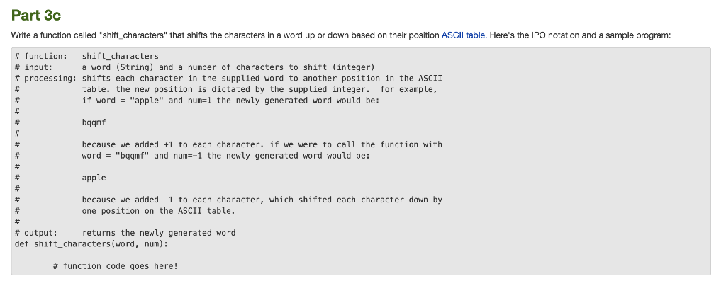 Solved Part 3c Write a function called 'shift_characters" | Chegg.com