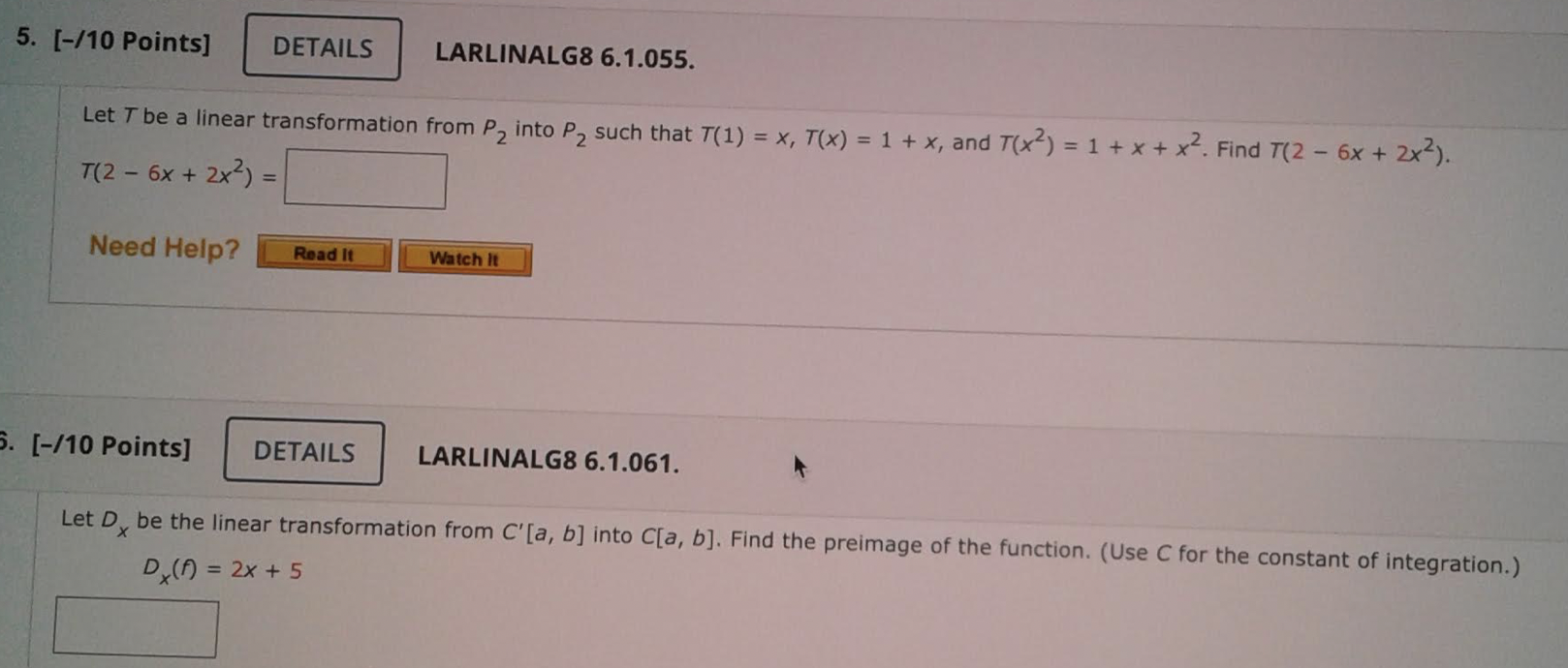 Solved 5. [-/10 Points] DETAILS LARLINALG8 6.1.055. Let T be | Chegg.com