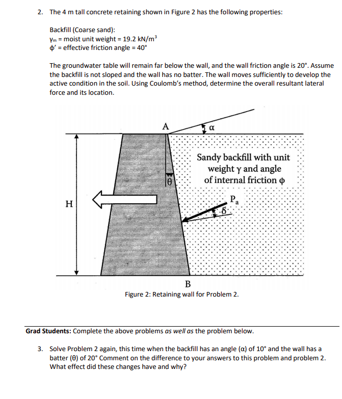Solved 2. The 4 m tall concrete retaining shown in Figure 2 | Chegg.com