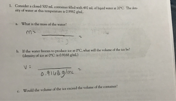 Solved Consider a closed 500 mL container filled with 492 mL | Chegg.com