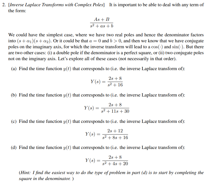 Solved 2. [Inverse Laplace Transforms with Complex Poles) It | Chegg.com