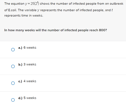 Solved The equation y=25(2t) ﻿shows the number of infected | Chegg.com