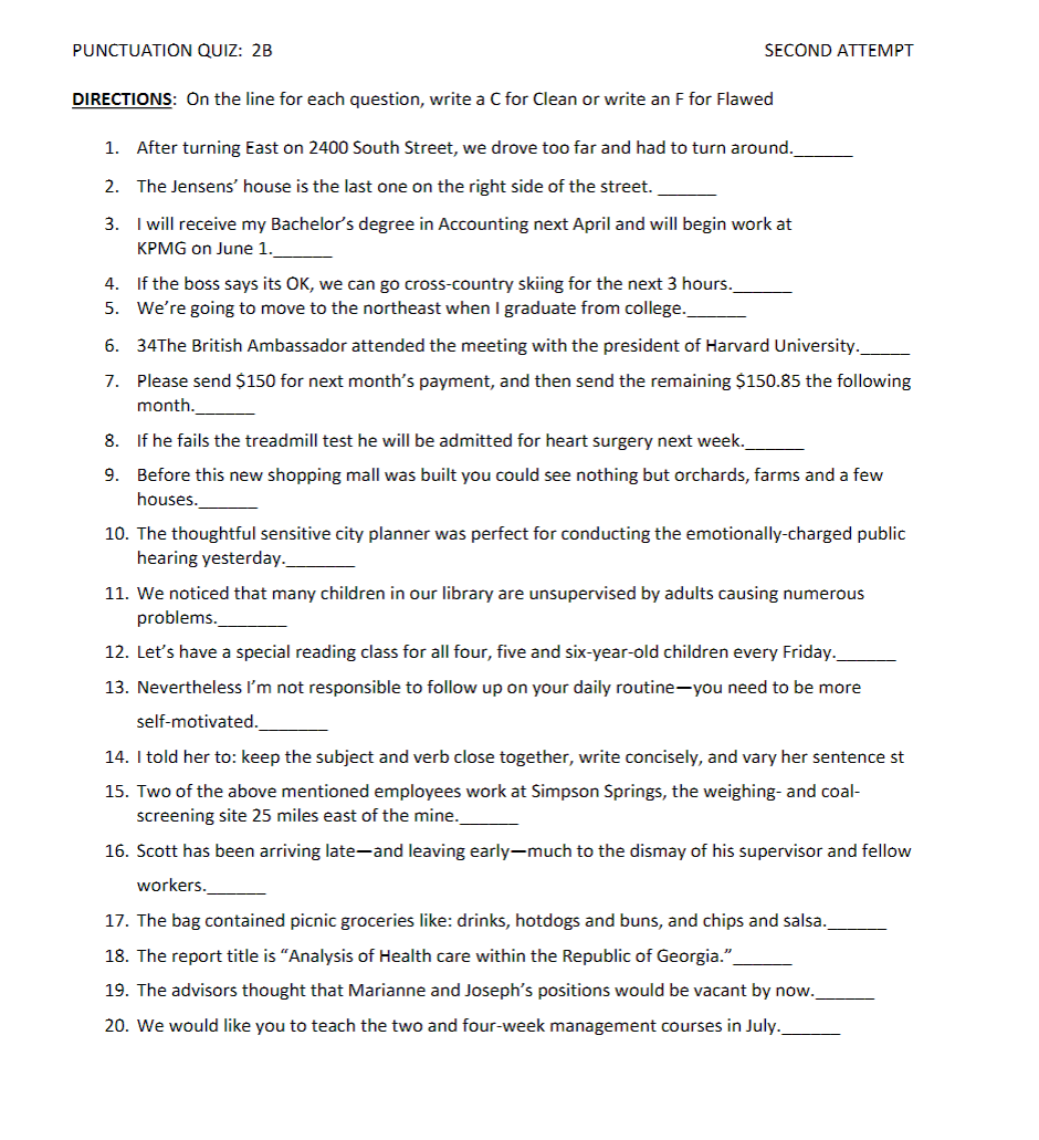 PUNCTUATION QUIZ: 2B SECOND ATTEMPT DIRECTIONS: On | Chegg.com
