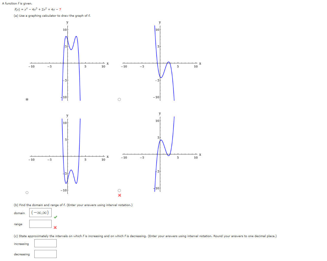 Solved A function f is given. f(x)=x4−4x3+2x2+4x−7 (a) Use a | Chegg.com