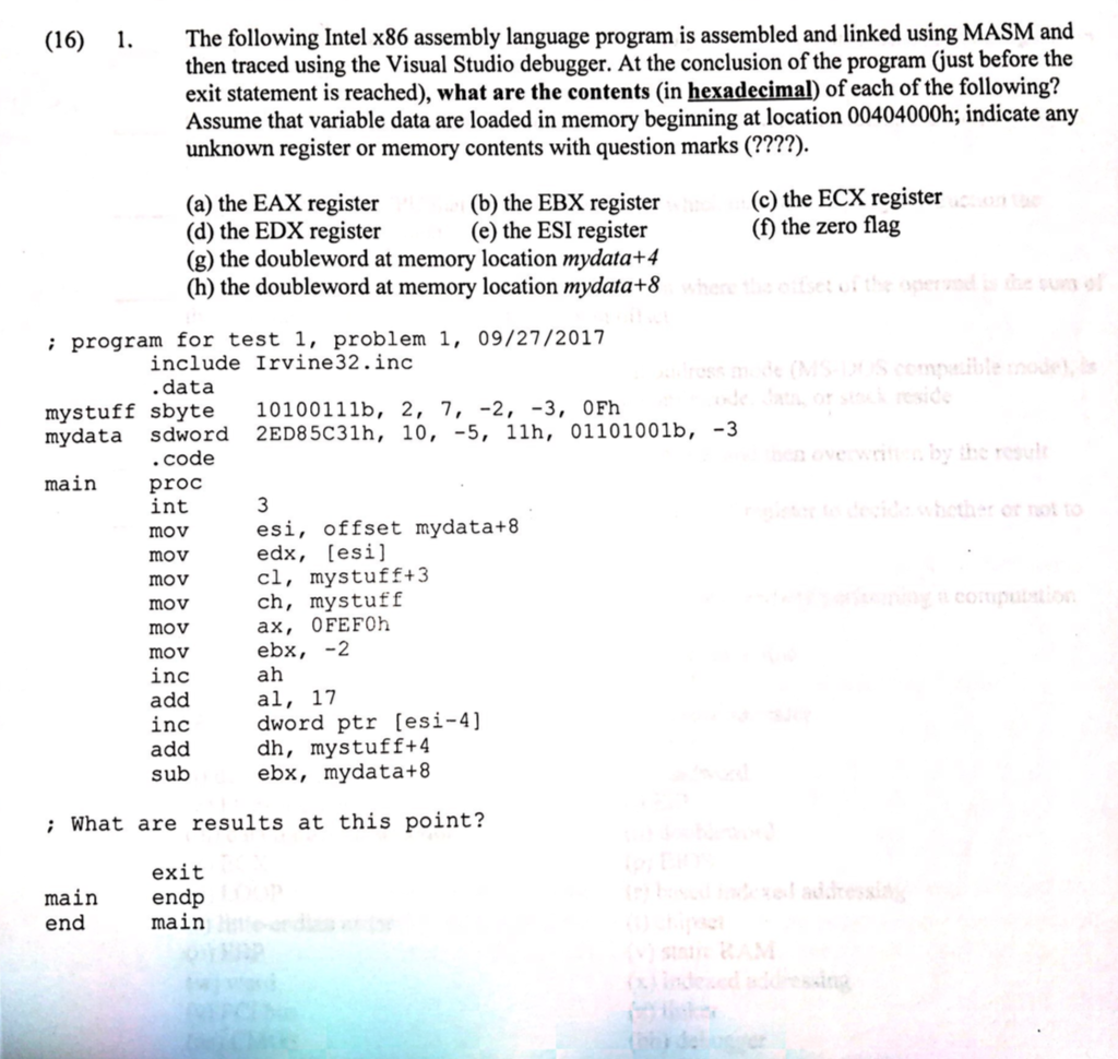 The following Intel x86 assembly language program is | Chegg.com