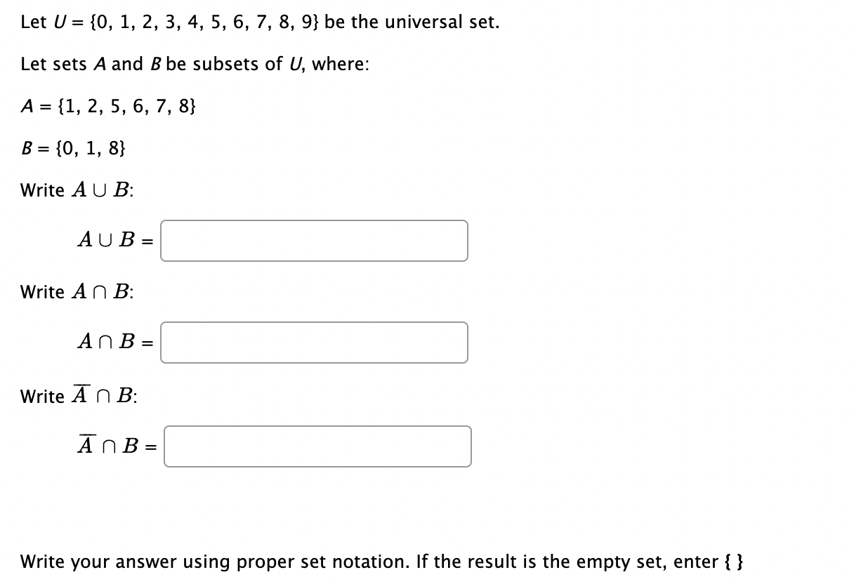 Solved Let U={0,1,2,3,4,5,6,7,8,9} be the universal set. Let | Chegg.com