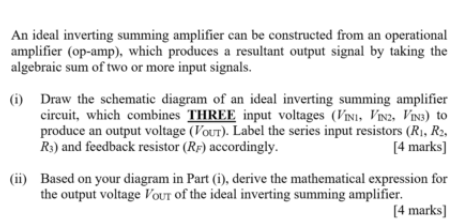 Solved An ideal inverting summing amplifier can be | Chegg.com
