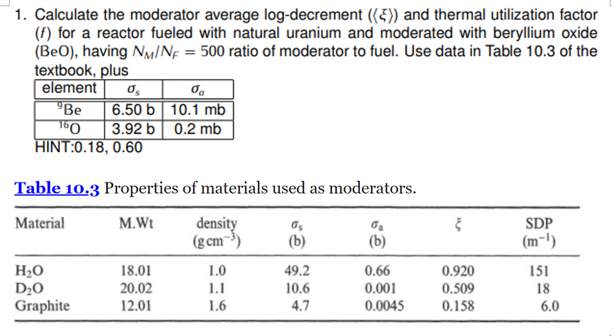 1. Calculate the moderator average log-decrement | Chegg.com