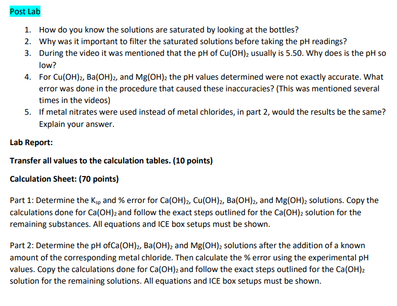 Solved Calculations: Part 1: Determine the Ksp for each | Chegg.com
