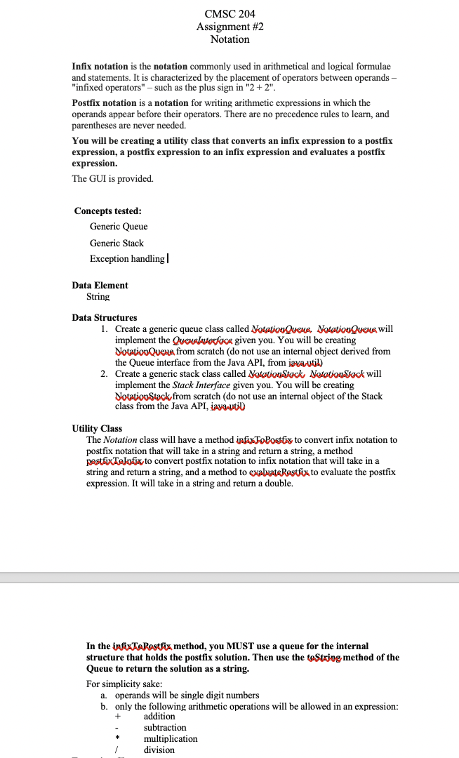 Solved CMSC 204 Assignment #2 Notation Infix notation is the | Chegg.com