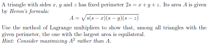 Solved A triangle with sides x,y ﻿and z ﻿has fixed perimeter | Chegg.com