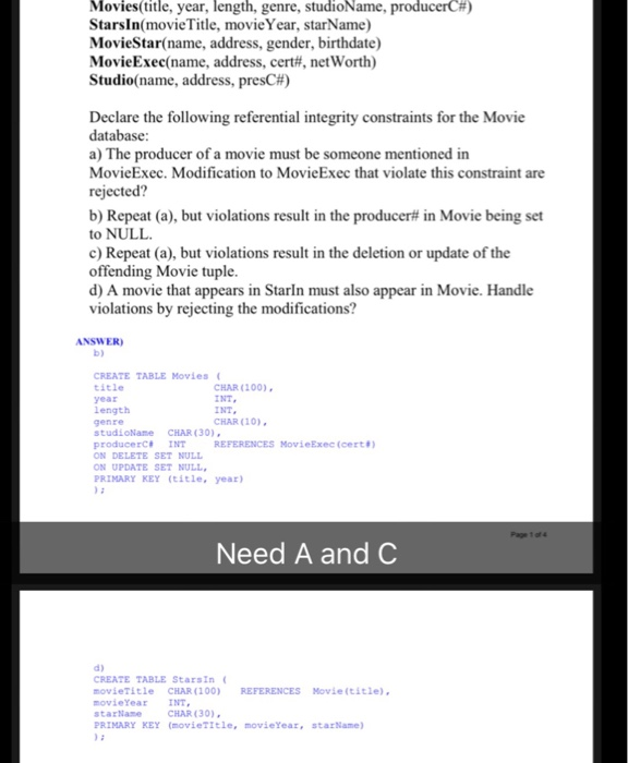 Solved Movies( title, year, length, genre, studioName, | Chegg.com