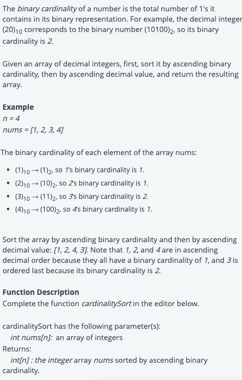 Solved The binary cardinality of a number is the total | Chegg.com