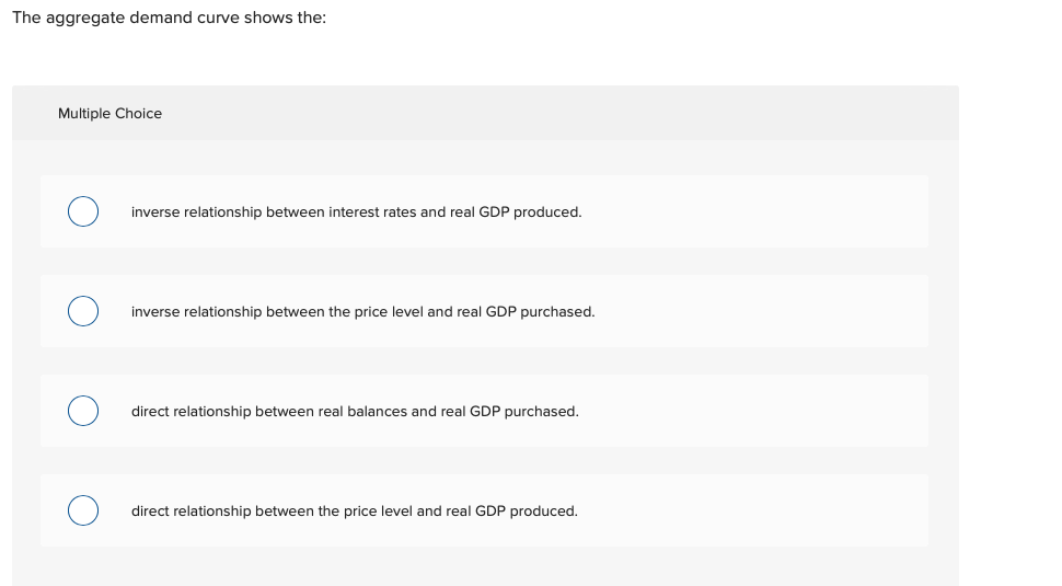 Solved The aggregate demand curve shows the: Multiple Choice | Chegg.com