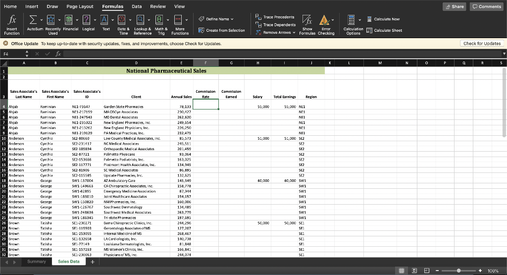Solved On the Sales Data worksheet, enter a formula in cell | Chegg.com