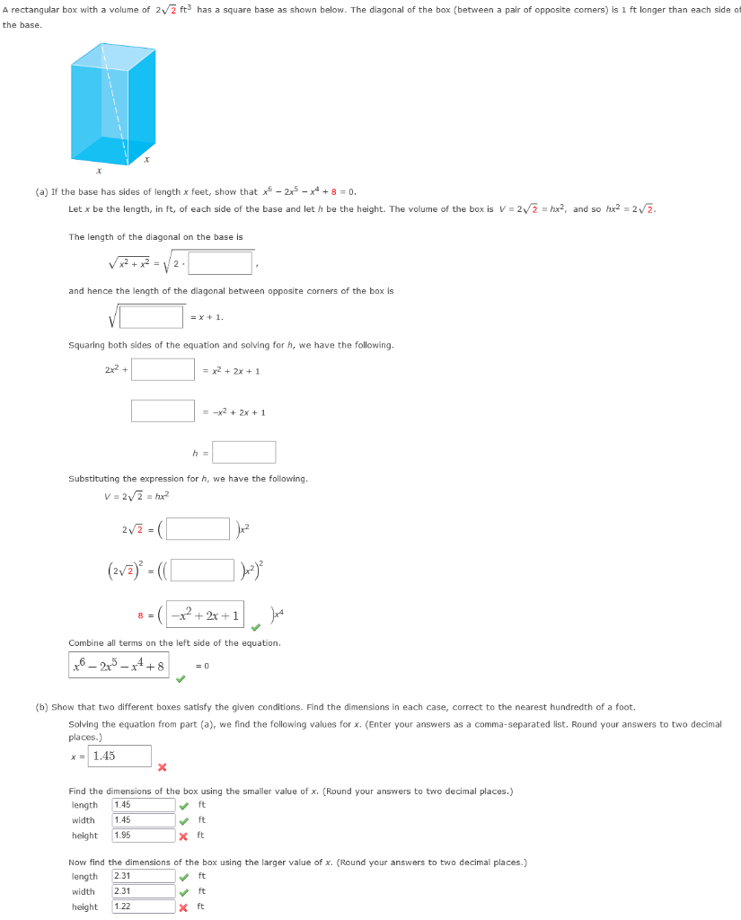 Solved ctangular box with a volume of 22ft3 has a square | Chegg.com