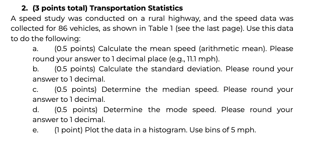 Solved 2. (3 points total) Transportation Statistics A speed | Chegg.com
