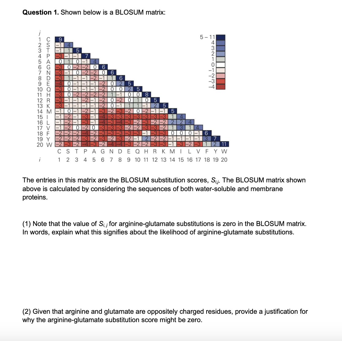 Solved Question 1. ﻿Shown below is a BLOSUM matrix:The | Chegg.com