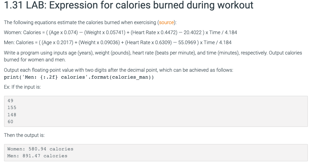Solved 1.31 LAB: Expression for calories burned during | Chegg.com
