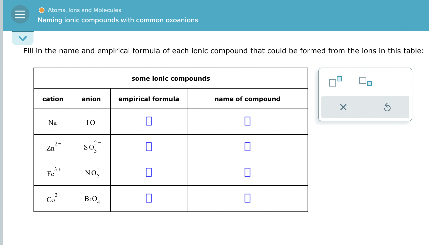 Solved Fill in the name and empirical formula of each ionic | Chegg.com