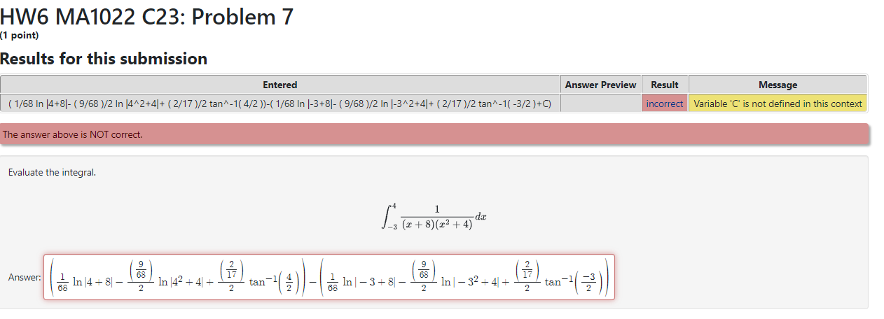 Solved HW6 MA1022 C23: Problem 7 (1 point) Results for this | Chegg.com