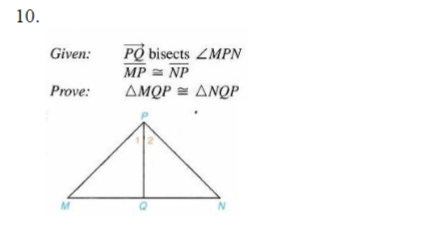 Solved Given: Prove: PQ bisects ∠MPN MP≅NP MQP≅ NQP | Chegg.com