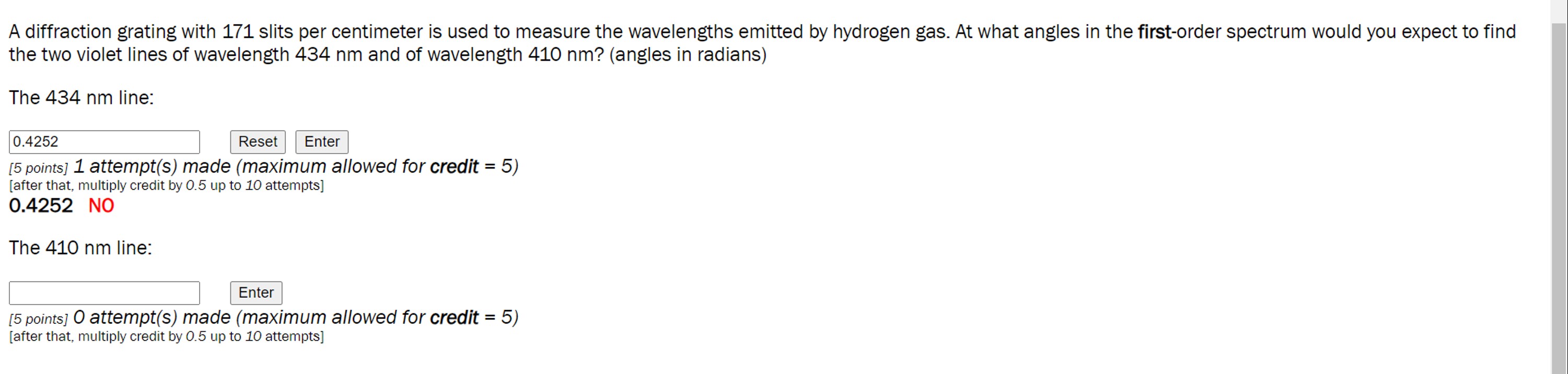 Solved A diffraction grating with 171 ﻿slits per centimeter | Chegg.com
