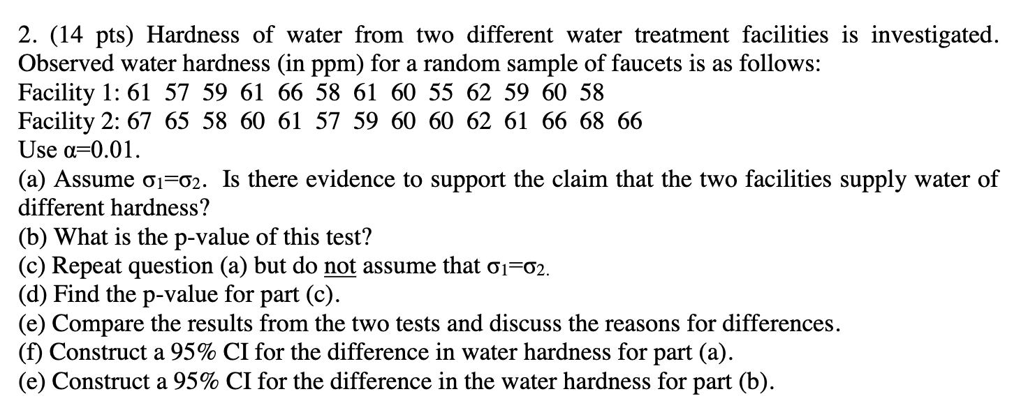 Solved 2. (14 pts) Hardness of water from two different | Chegg.com