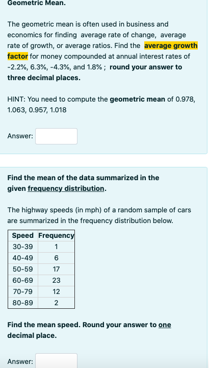 Solved Geometric Mean. The geometric mean is often used in | Chegg.com
