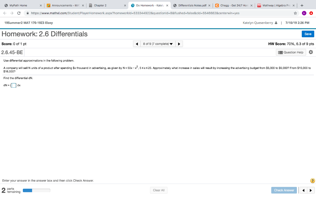 Solved M Mathway | Algebra Pro x + MyPath Home + c x | Chegg.com